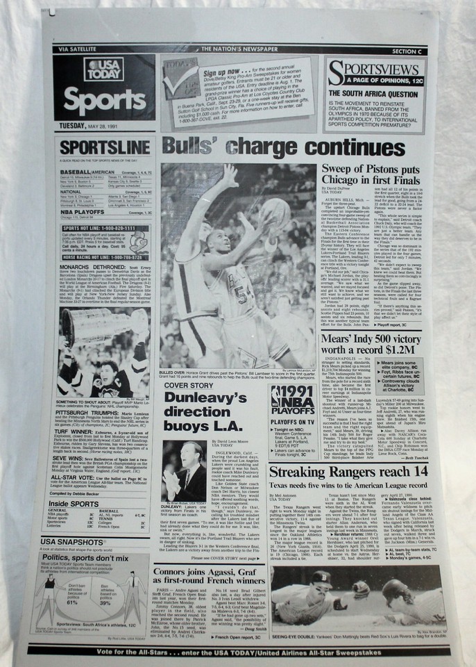 USA TODAY newspaper printing plate May 28 1991 Sports Bulls, Rangers ...