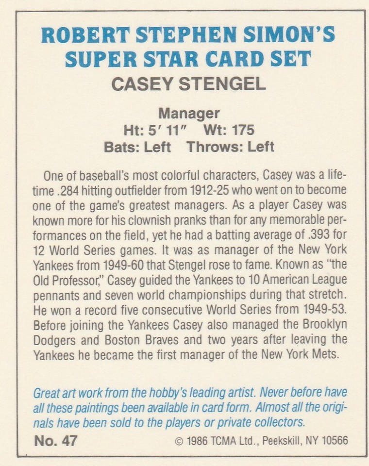 1986 TMCA Robert Stephen Simons Super Star #47 Casey Stengel | eBay