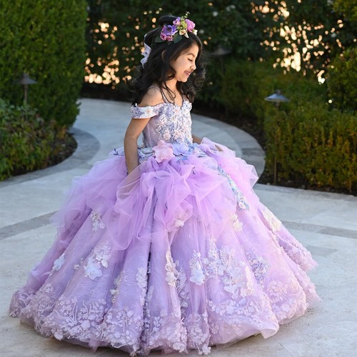 Off Shoulder Princess Flower Girls Dresses Floral Appliques Brithday ...