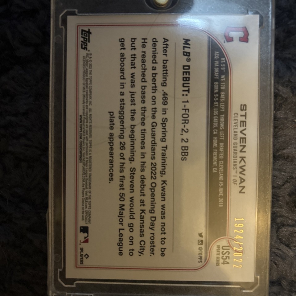 2022 Topps Update Steven Kwan RC Rookie Debut Gold Foil Parallel (RC ...
