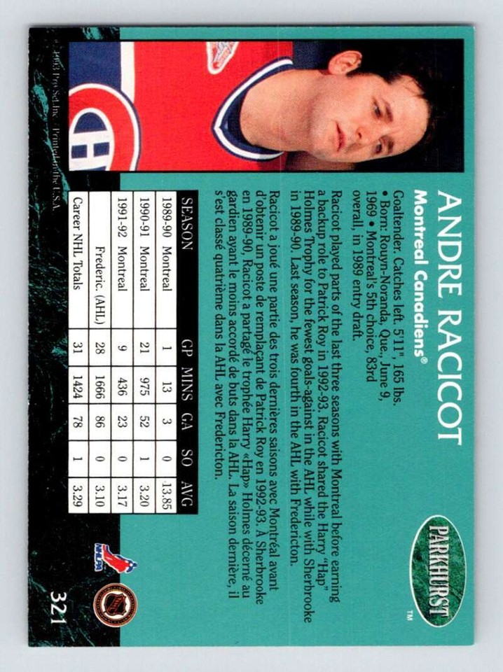 Andre Racicot 1992-93 Parkhurst #321 Canadiens ID:21853 | eBay