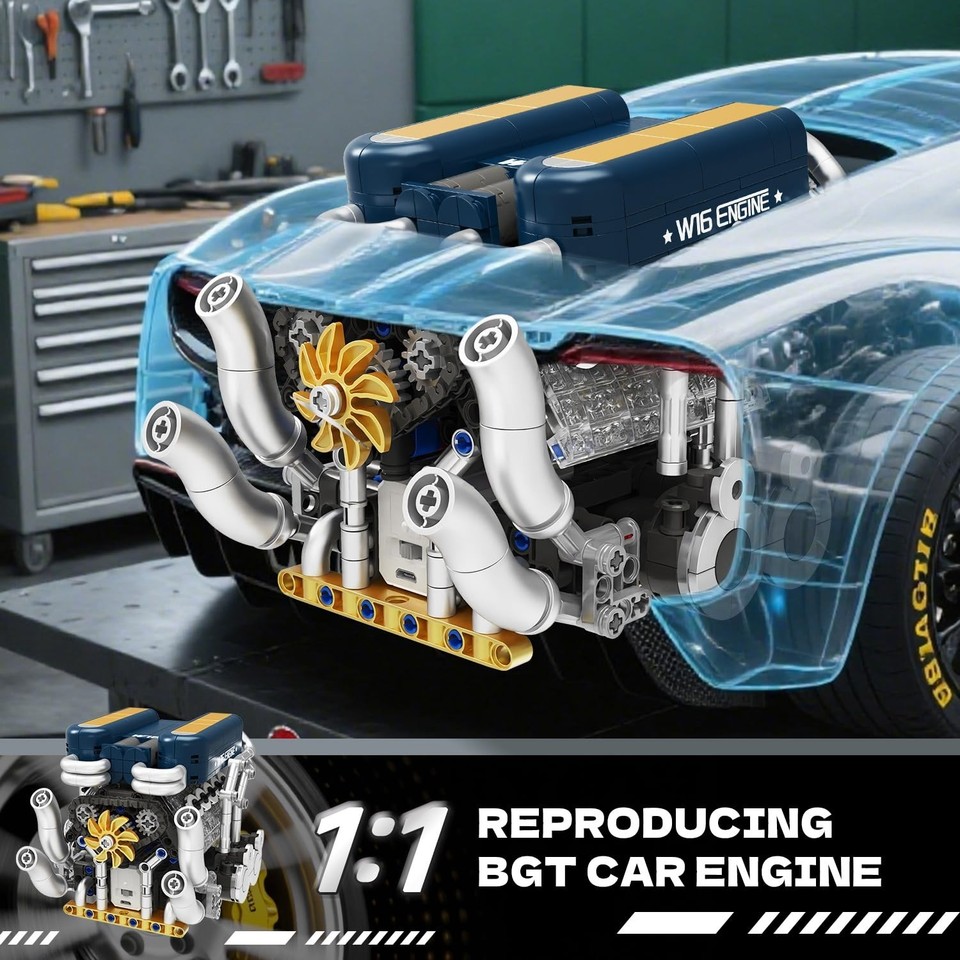 W16 Engine Building Kit (Twin V8 Design), 751 PCS to Build Your Own W16 ...