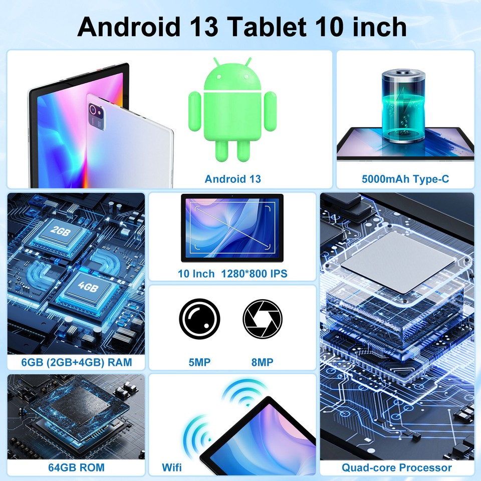 10.1 inch Android 13 Tablets IPS HD Touchscreen Quad-Core 6+64GB Dual ...