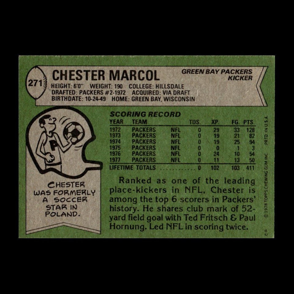 Chester Marcol 1978 Topps Green Bay Packers #271 R308i 4 | eBay