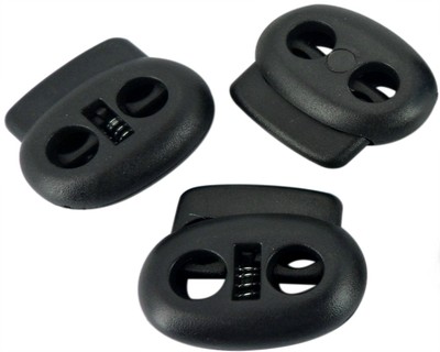 SPRING TWIN HOLE CORD LOCK PLASTIC TOGGLES, BLACK H-20MM, W-24MM CHOOSE ...