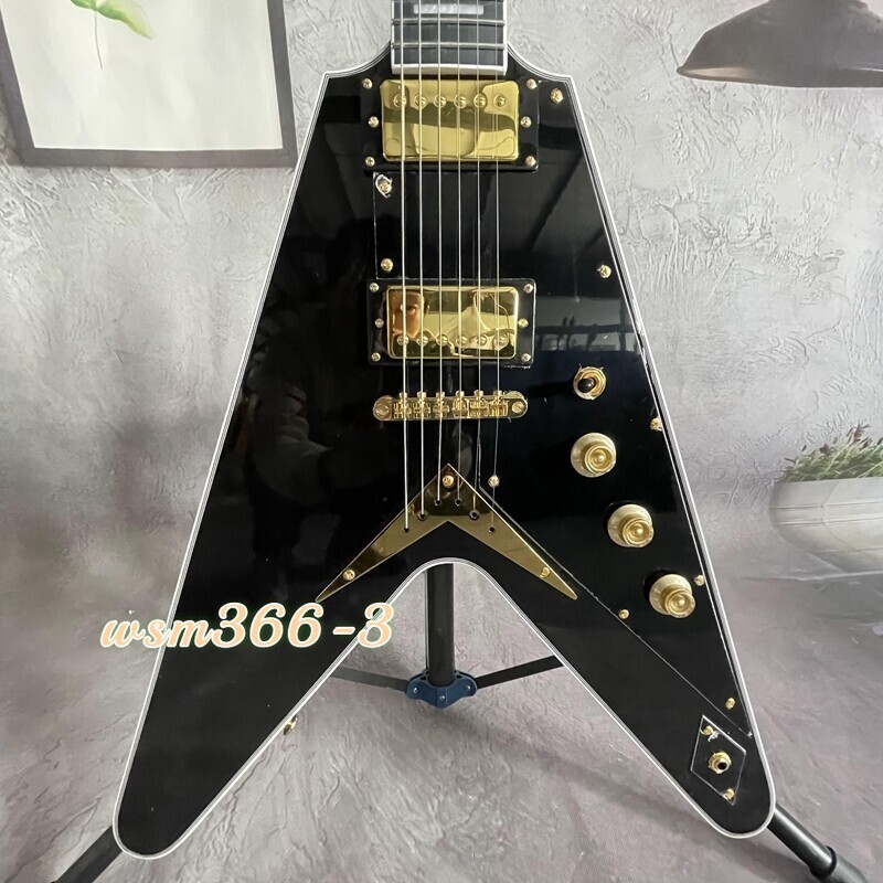 Black Flying V Electric Guitar Solid Gold Hardware Strings Thru Body HH ...