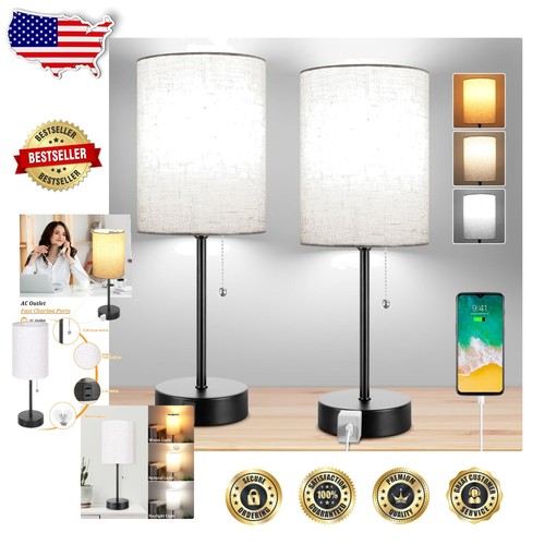 Stylish Bedside Lamp Set of 2 with Linen Shades & Color Changing Light ...