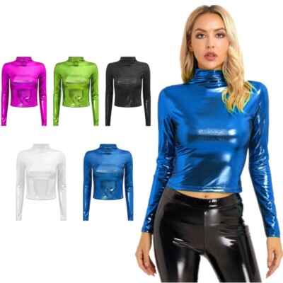 Women Shiny Metallic Long Sleeve Mock Neck T-shirt Sexy Disco Crop Tops ...