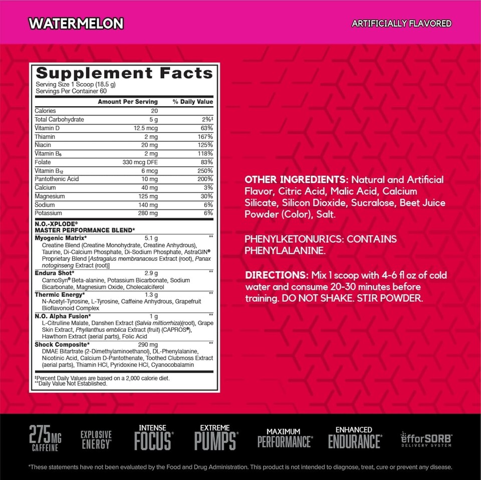 BSN NO Xplode Pre-Workout Pump Nitric Oxide Booster 60 Servings 5 ...