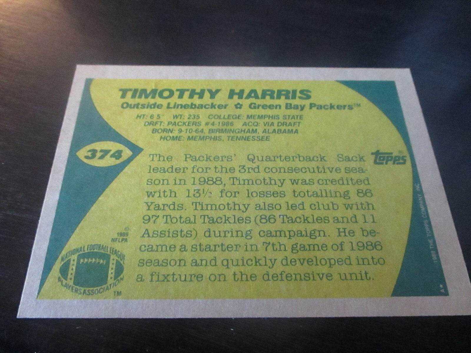 timothy harris (green bay packers - lb) 1989 topps card #374 mint ...