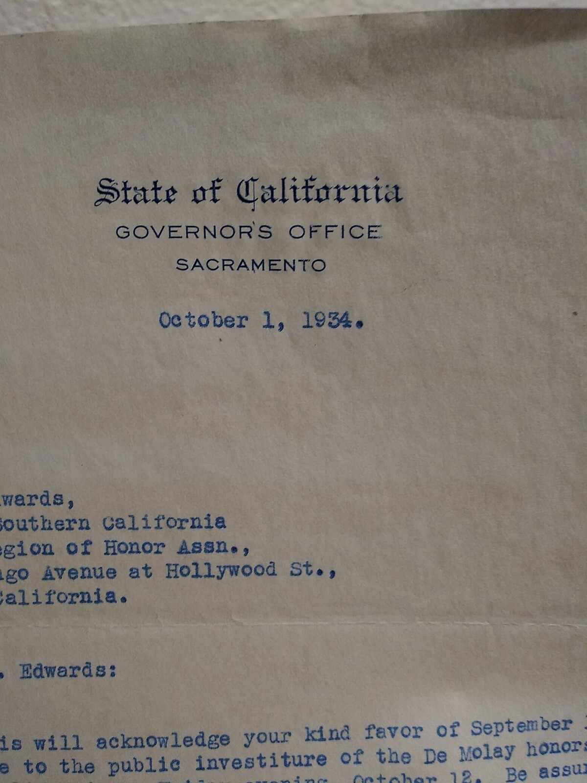 Letter From Governor of California Frank F. Merriam Oct.1, 1934 M 82 | eBay