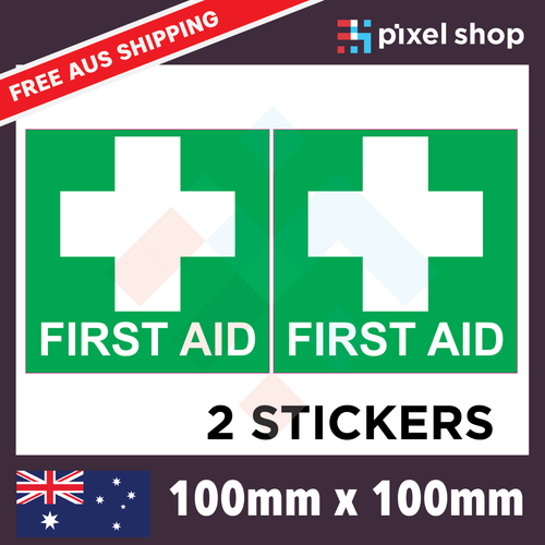 2 x First Aid Sticker 100mm Decal OHS WHS Car Window Work Ute 4x4 4wd ...