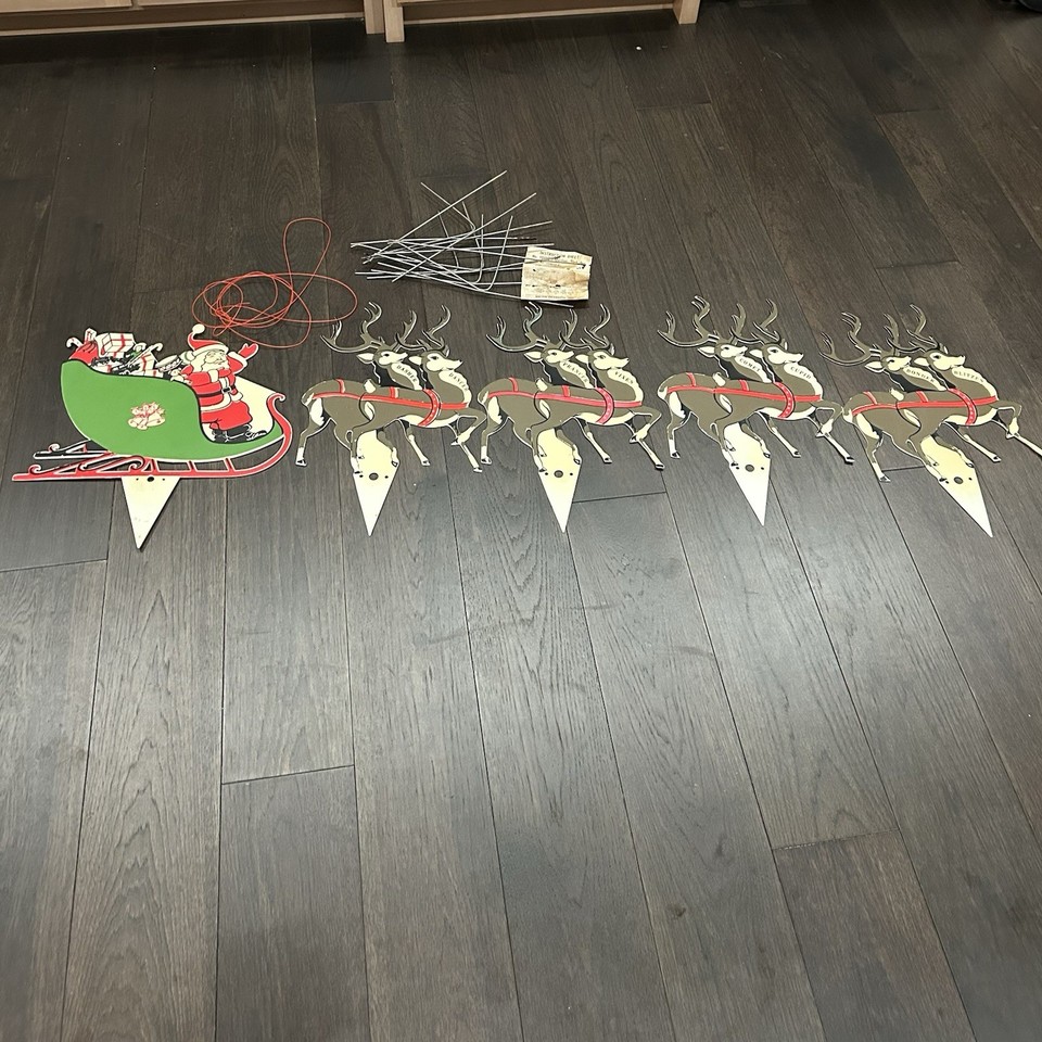 Santa Sleigh Reindeer Yard Decor Claus Union Plastic Vtg 1965 MCM Xmas ...