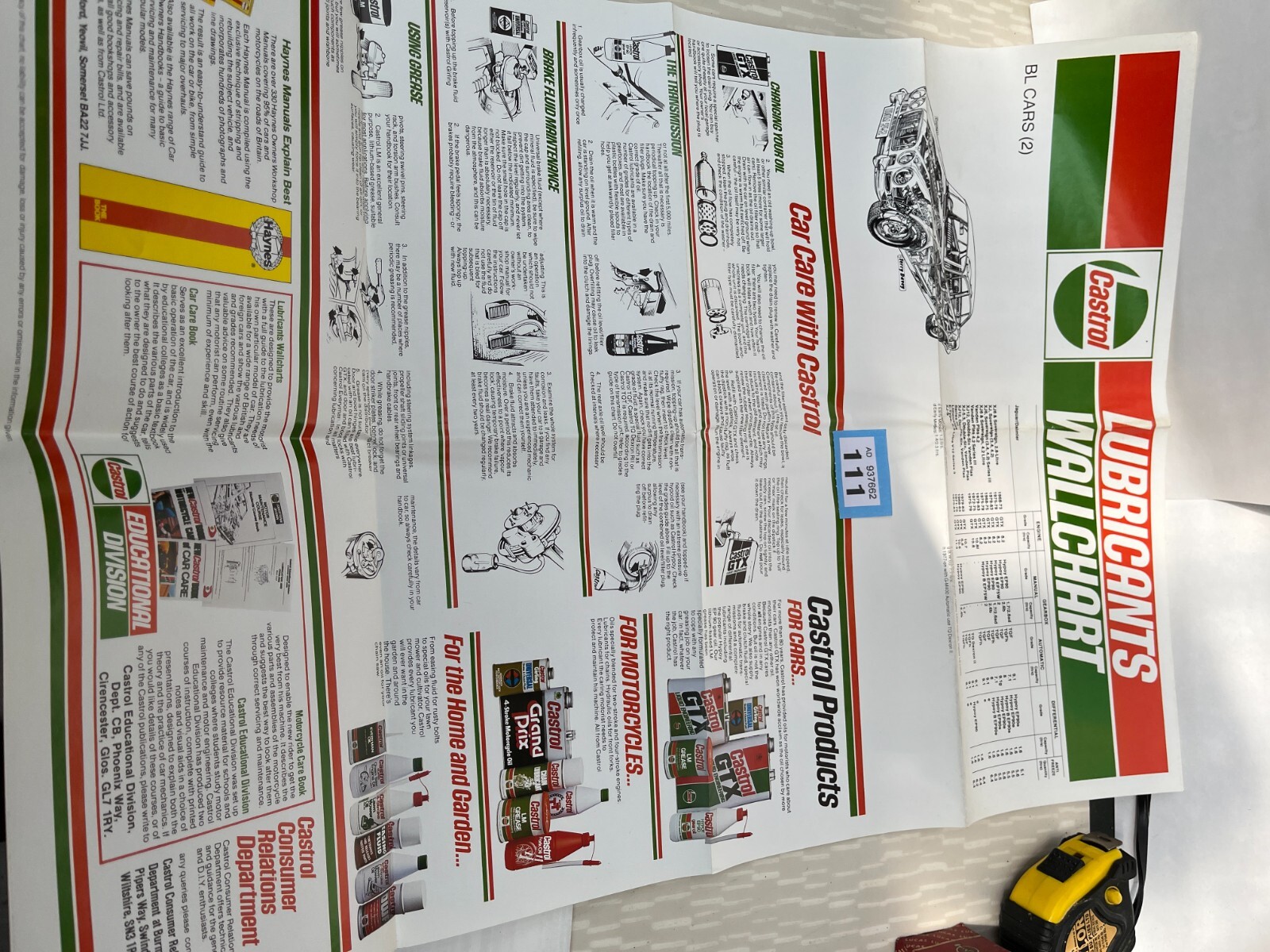 castrol lubricants wall chart BL cars (2) | eBay