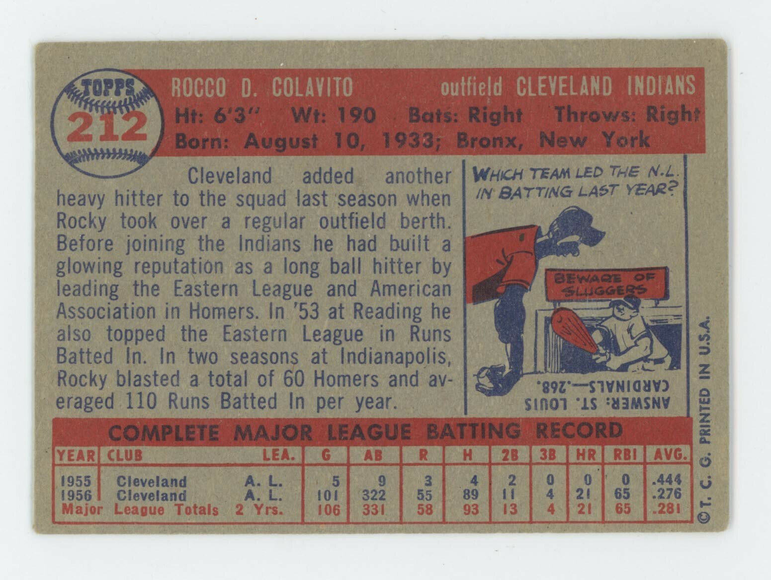 1957 Topps #212 Rocky Colavito Cleveland Indians Rookie Baseball Card V ...