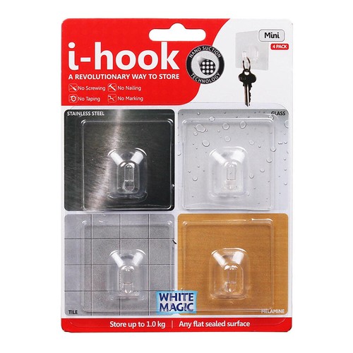 4pc White Magic i-Hook Clear 47cm Mini Multi-Surface Storage Hook Wall ...