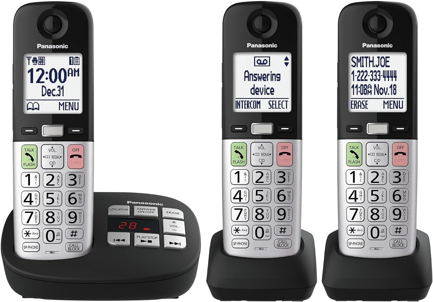 Panasonic Cordless Phone Easy to Use with Large Display 3 handsets KX ...