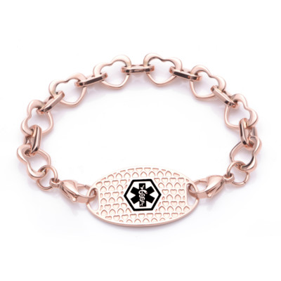 CUSTOM ENGRAVE Medical Alert Rose Gold Stainless Open Heart ID Bracelet ...