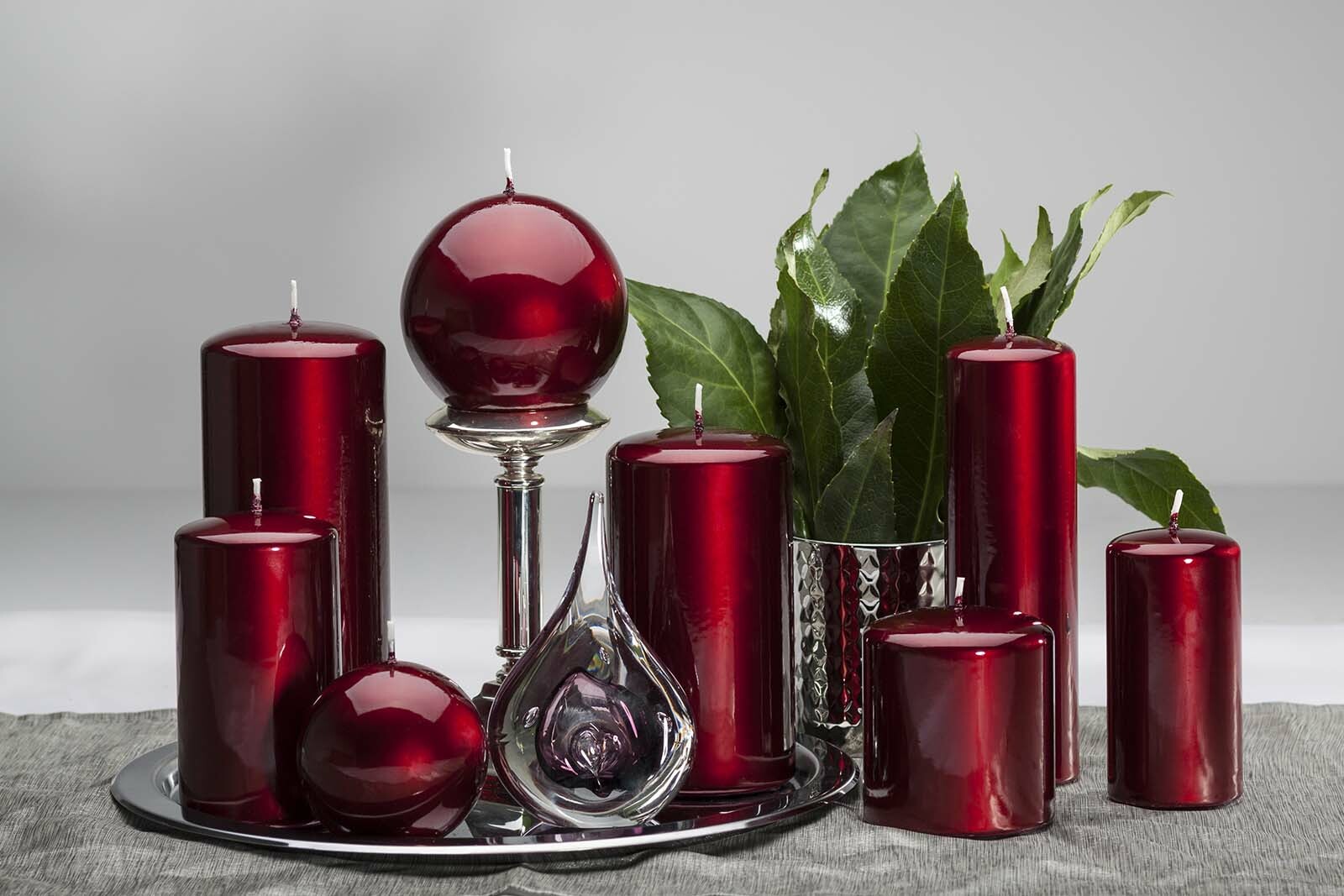 HIGH GLOSS BURGUNDY / RED DECORATIVE CANDLES IN PILLAR OR BALL SHAPE ...