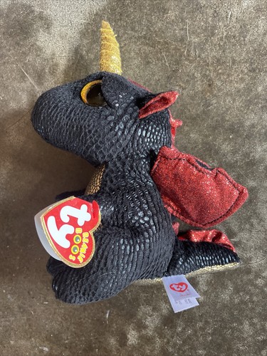 Ty Beanie Boos GRINDAL the Black Unicorn Dragon Plush w Tags Red Gold ...