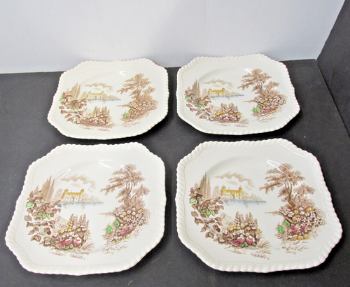 JOHNSON BROTHERS CHINA PATTERN CASTLE ON THE LAKE BROWN 4 SQUARE SALAD ...