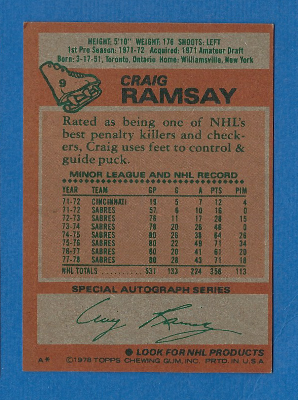 CRAIG RAMSAY, BUFFALO SABRES 1978-79 TOPPS CARD #9 - EXMT | eBay