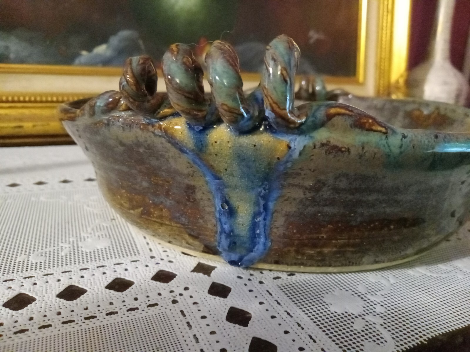 Ornate Multicolor Hand Turned Stover Pottery Chicken Roaster/Bacon ...