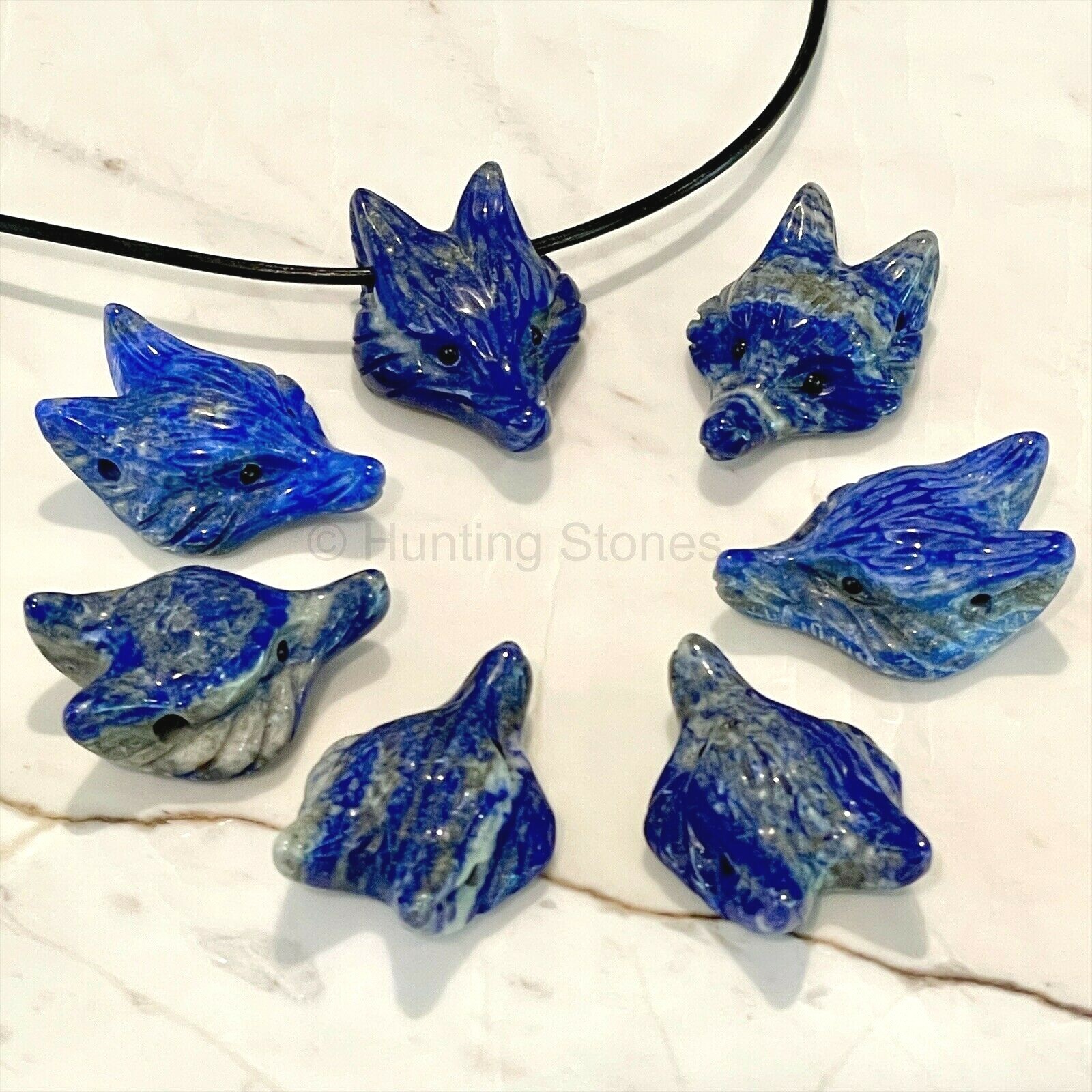 New Lapis Lazuli Fox Wolf Gemstone Pendant on Genuine Leather Necklace ...