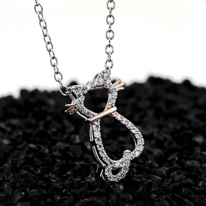 2ct Lab-Created Moissanite Pendant Chain Kitten Cat Design 14k Dual ...