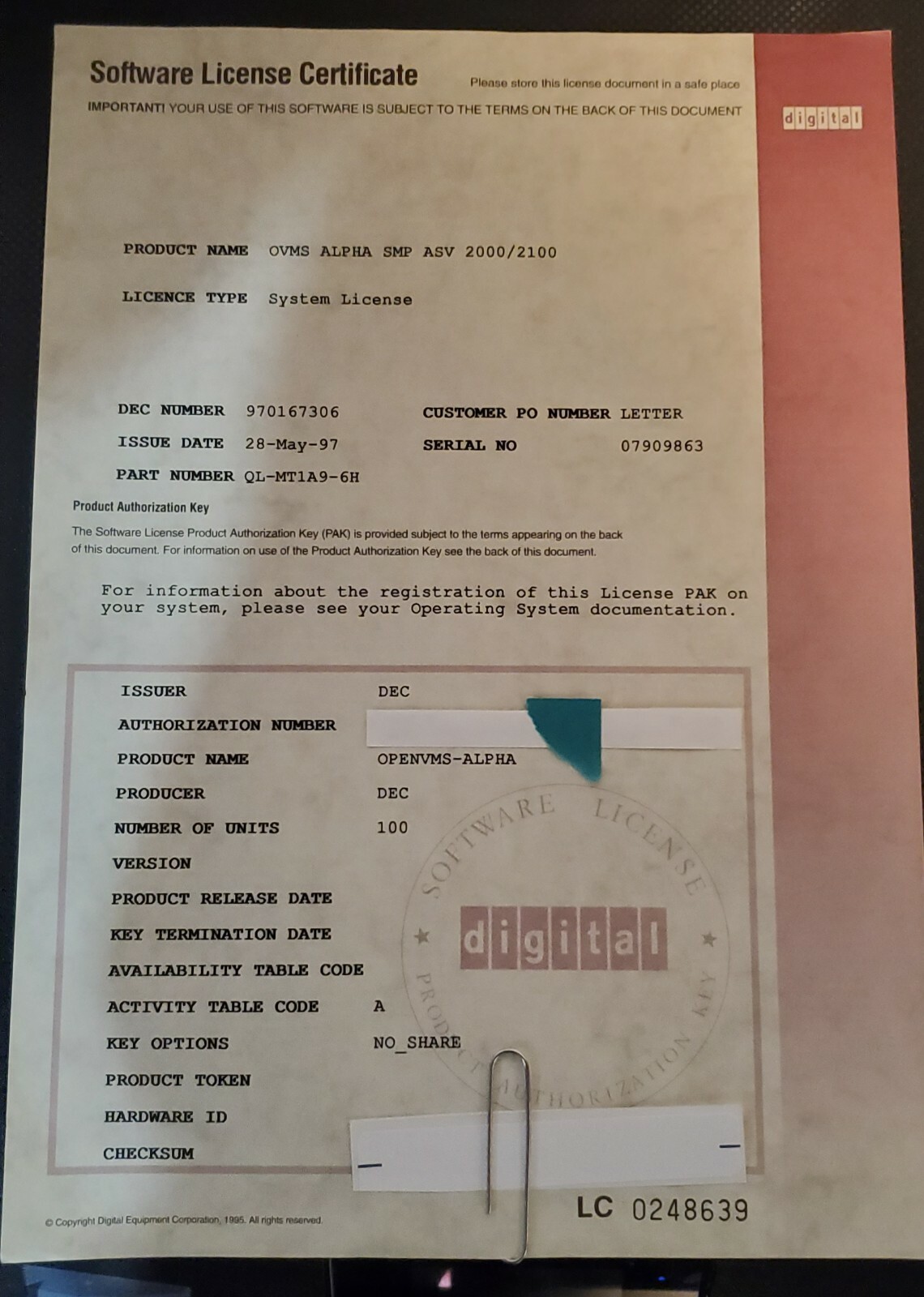 DIGITIAL DEC QL-MT1A9-6H PAK OPEN VMS ALPHA OVMS ALPHA SMP ASV 2000/ ...