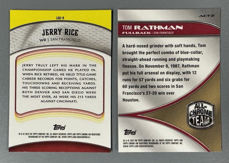 2- 2024 Topps Chrome 49ers Jerry Rice Legends Gridiron, Tom Rathman All ...