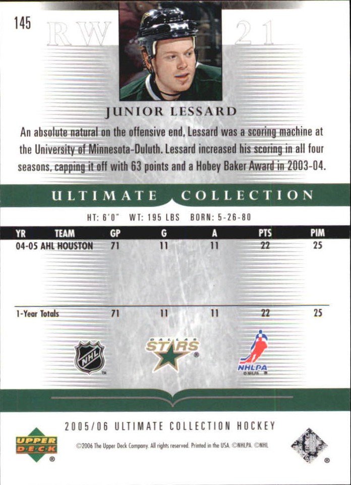 2005-06 Ultimate Collection Stars Hockey Card #145 Junior Lessard ...