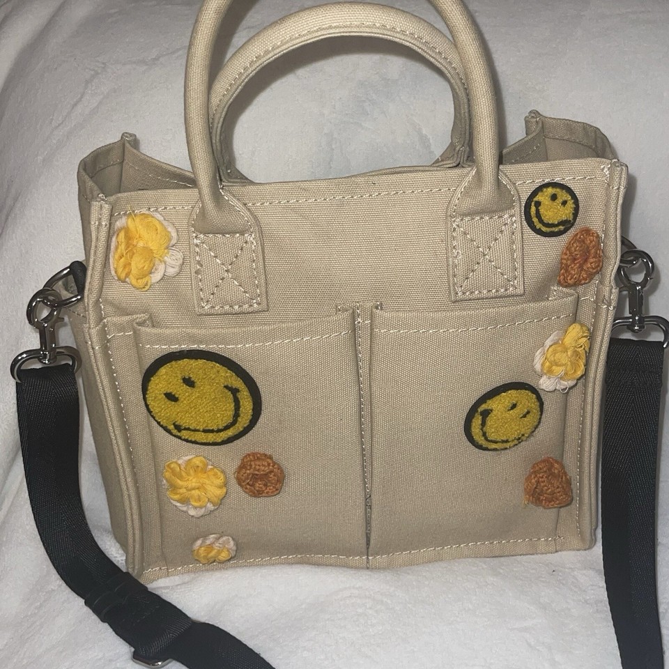 ZARA Beige Canvas Smiley Patches Embroidery Tote Crossbody | eBay