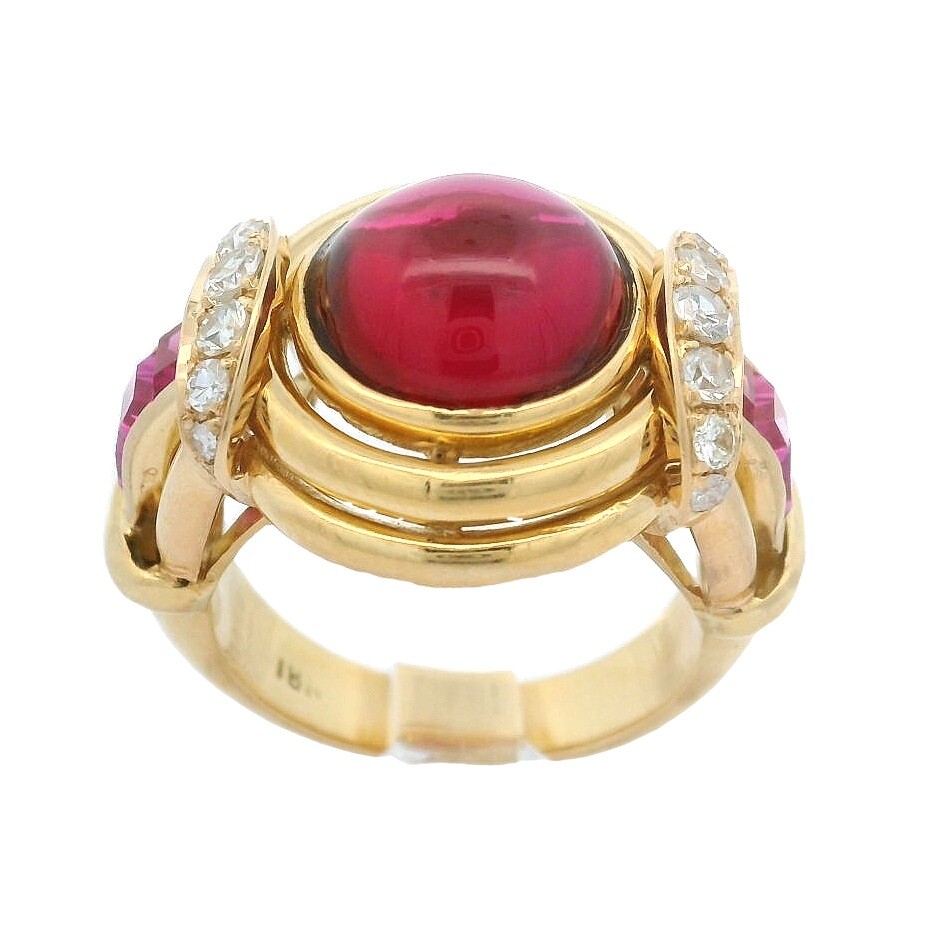 Vintage Retro 18k Gold Concentric Synthetic Ruby w Diamond Accents ...