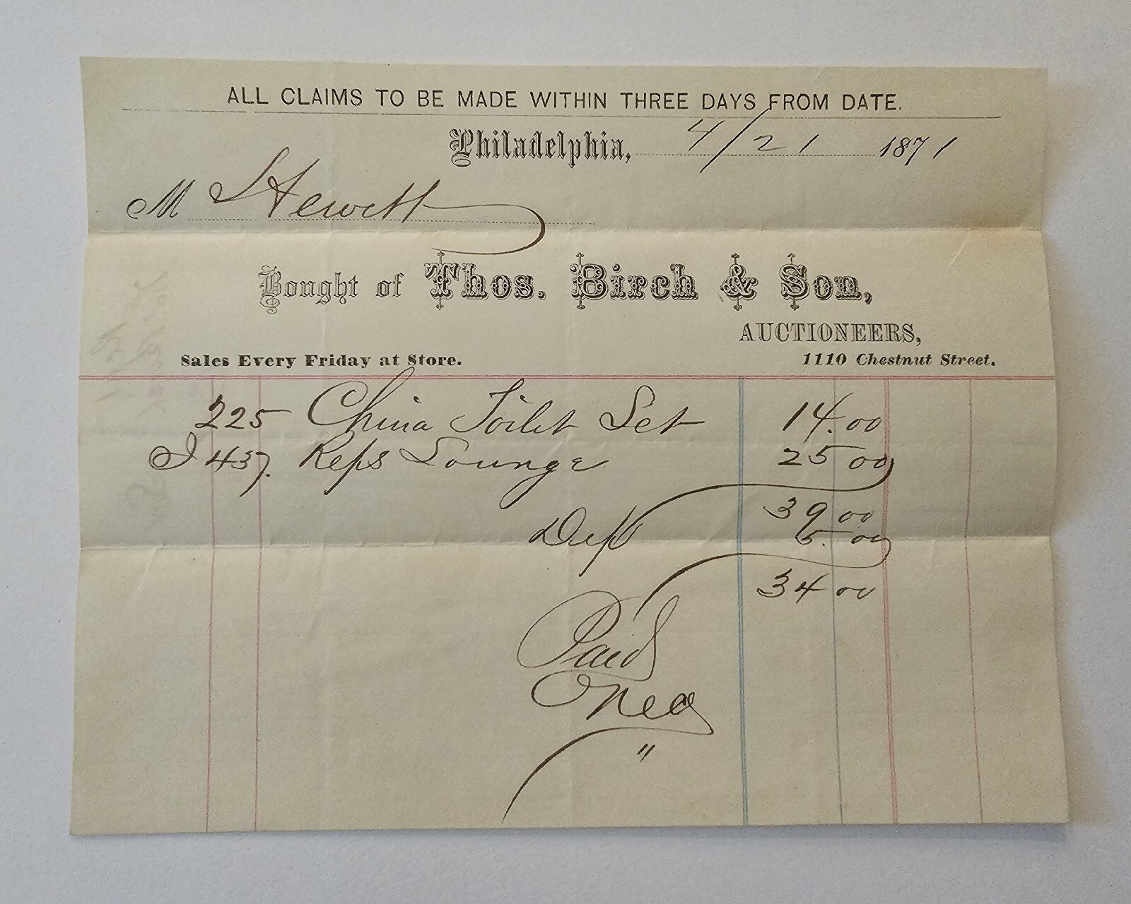 1871 Auctioneers Receipt Thos Birch & Son Philadelphia, PA | eBay