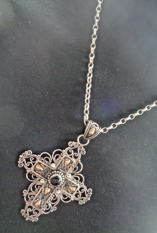 LARGE Vintage Stg. Silver Cross Pendant & Chain - 18ct Gold & Onyx ...