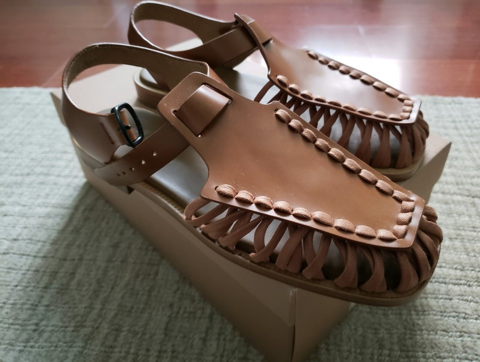 NEW $525 Hereu Alaro Square Toe T-Bar Camel Leather Unisex Sandals Size ...