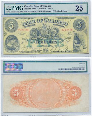 1929 Bank of Toronto $5.00 Five Dollar Note PMG VF25 | eBay