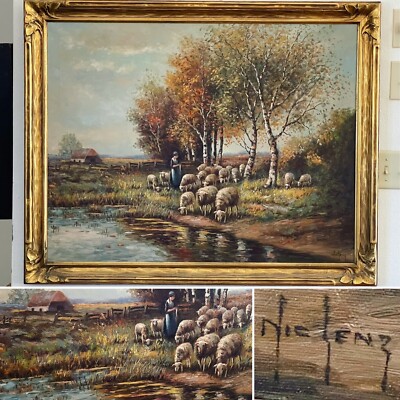 Vintage Original Oil Painting By NIC LENZ County Farm & Lamb Herd 41” X ...