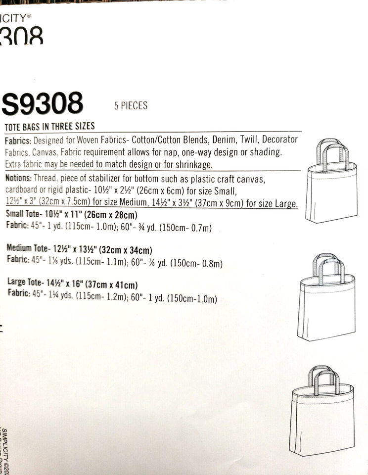 Simplicity 9308 Tote Bags in 3 Sizes Small+ Medium+ Large Learn-To-Sew ...