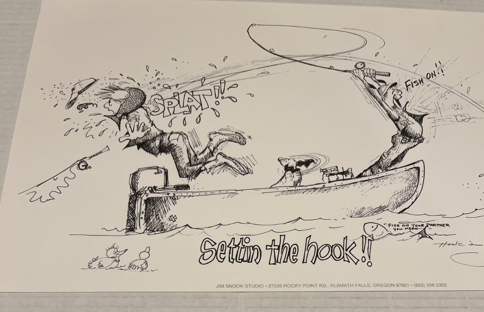 Jim Snook 1995 Signed Print "Setting the Hook" Funny Boat Fishing ...