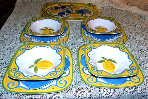 Melamine 13 pc Plates Bowls Platter Lemon Leaves Plums Morelli Trudeau ...
