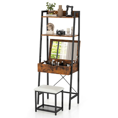 Ladder Vanity Desk Set w/ Mirror & Storage Compartments & Stool ...
