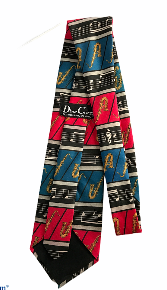 D'em Crazy Musical Theme Neck Tie Music Notes Saxophone Repeat Red Blue ...