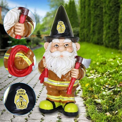 Fireman Gnome Holding a Fire Statue Hose Garden Yard Lawn Ornament ...