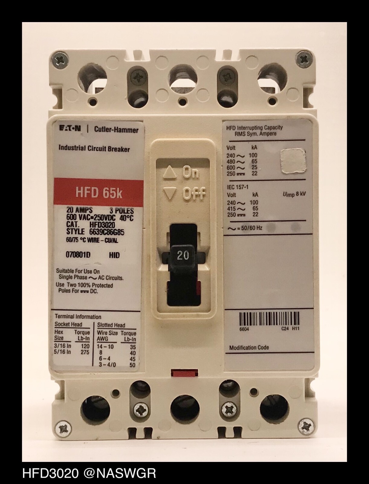 Eaton HFD3020 Molded Case Circuit Breaker ~ 20 Amp - Tested/1Yr ...