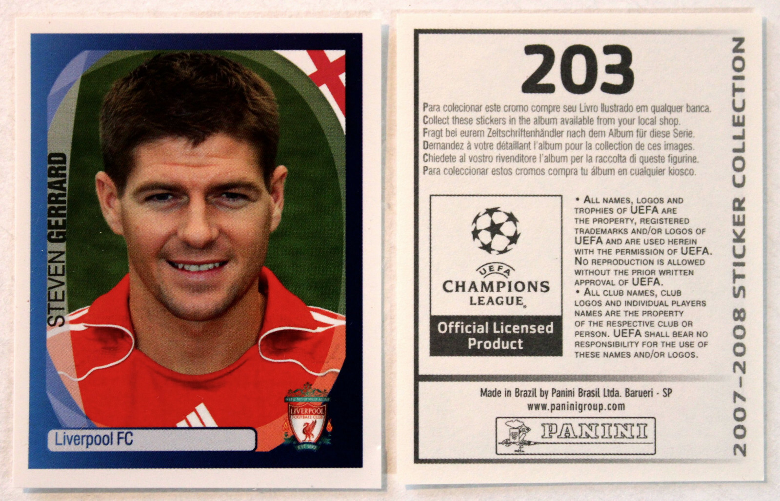 Panini Soccer Sticker Card STEVEN GERRARD No. 203 Champions League 2007 ...