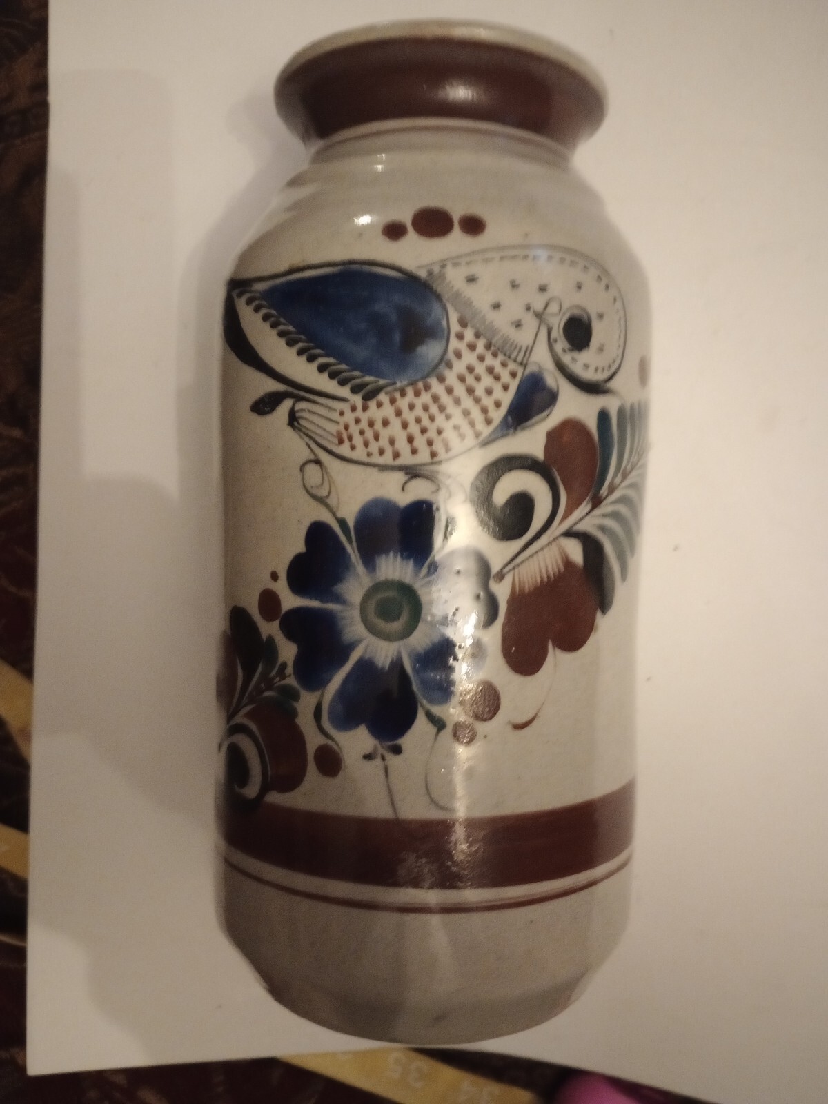 Vintage Signed 10" Tonal Mexico Folk Art Pottery Vase Hand Painted Bird ...