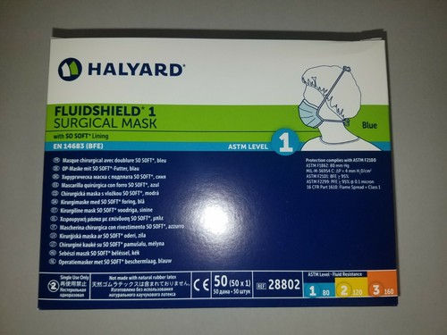 *50-Pieces* Halyard FluidShield ASTM Level 1 Surgical Face Mask Blue ...