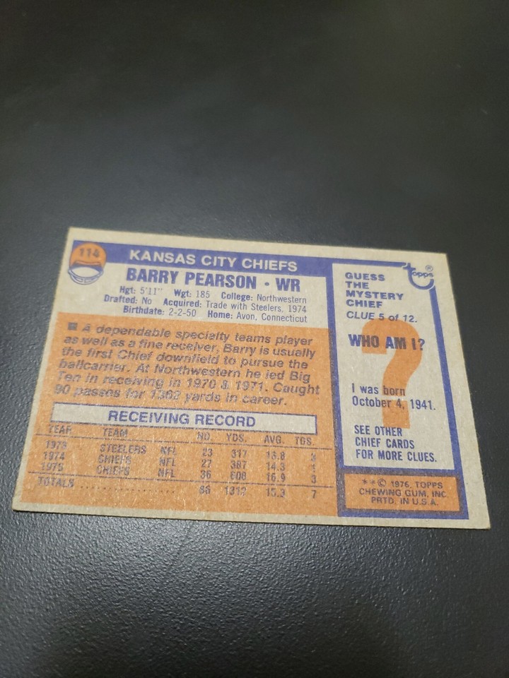 1976 Topps Football #114 Barry Pearson Kansas City Chiefs Card | eBay